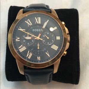 Fossil | Accessories | Fossil Blue And Rose Gold Leather Strap Watch ...